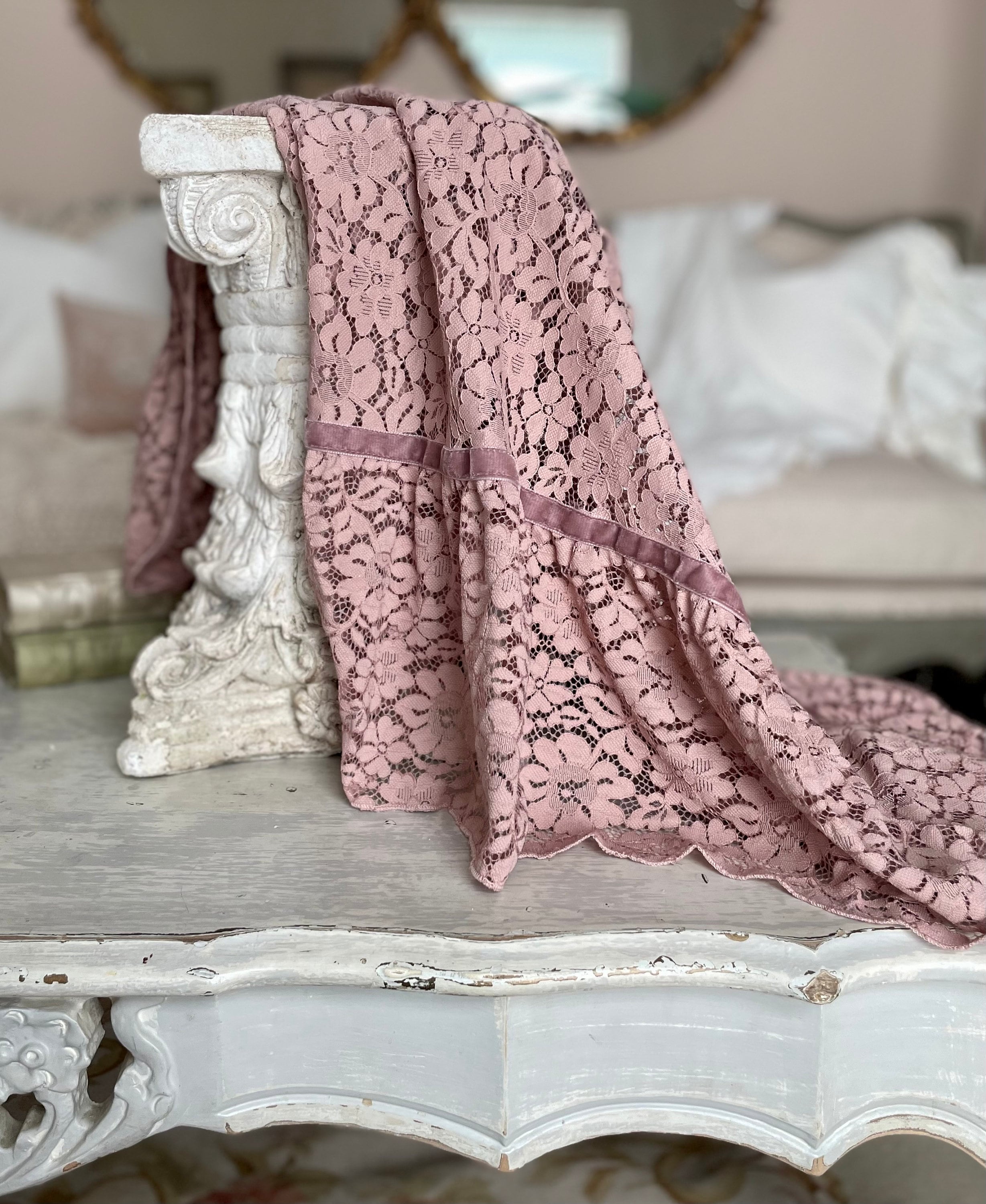 Rose Pink Ruffle Lace Throw, Elegant Photography Prop, Cottage Chic ...