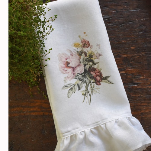 Hydrangea Ruffle Linen Tea Towel Botanical Floral Farmhouse - Etsy
