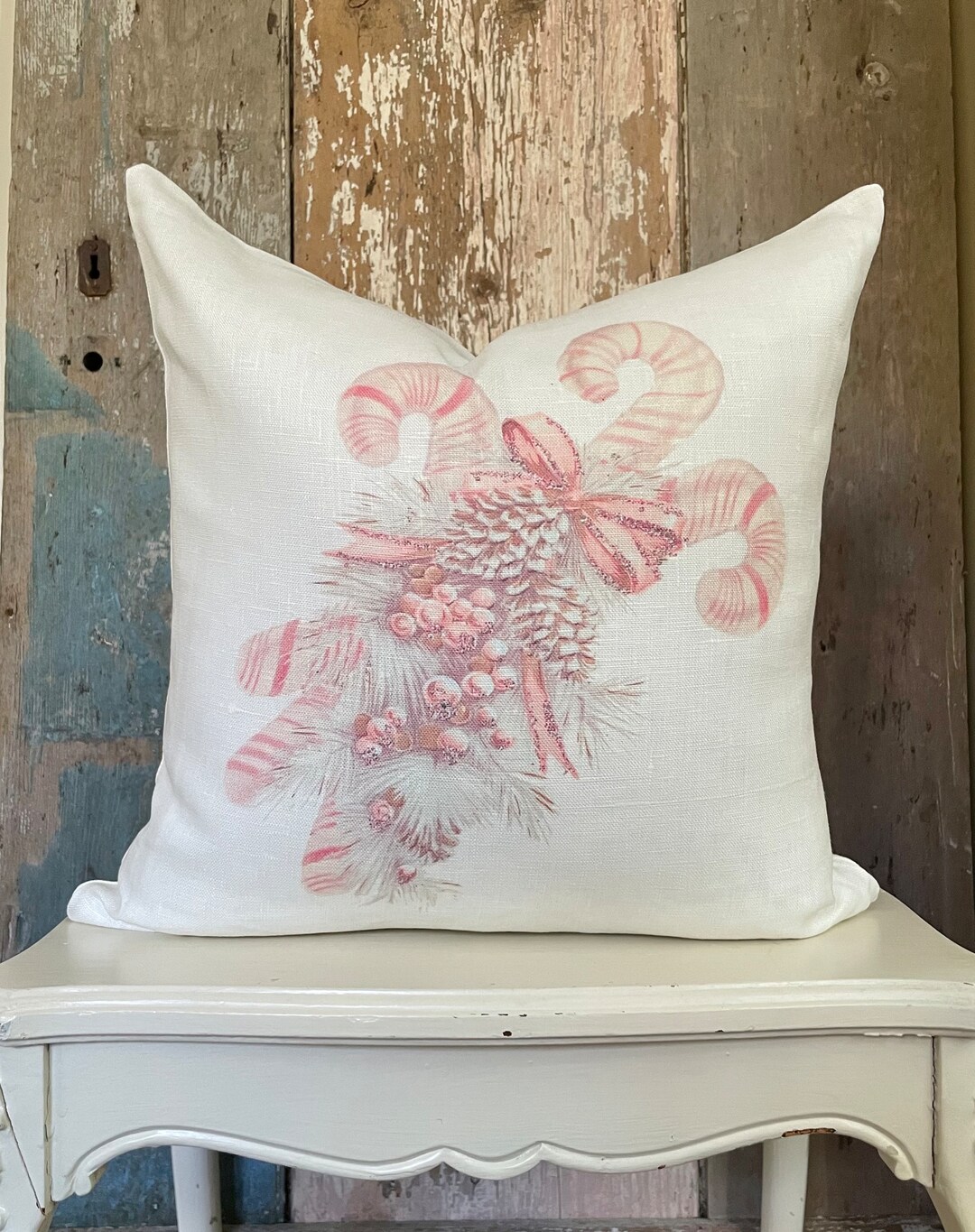 Pink Candy Canes Velvet Pillow Cover, Shabby Vintage Farmhouse ...