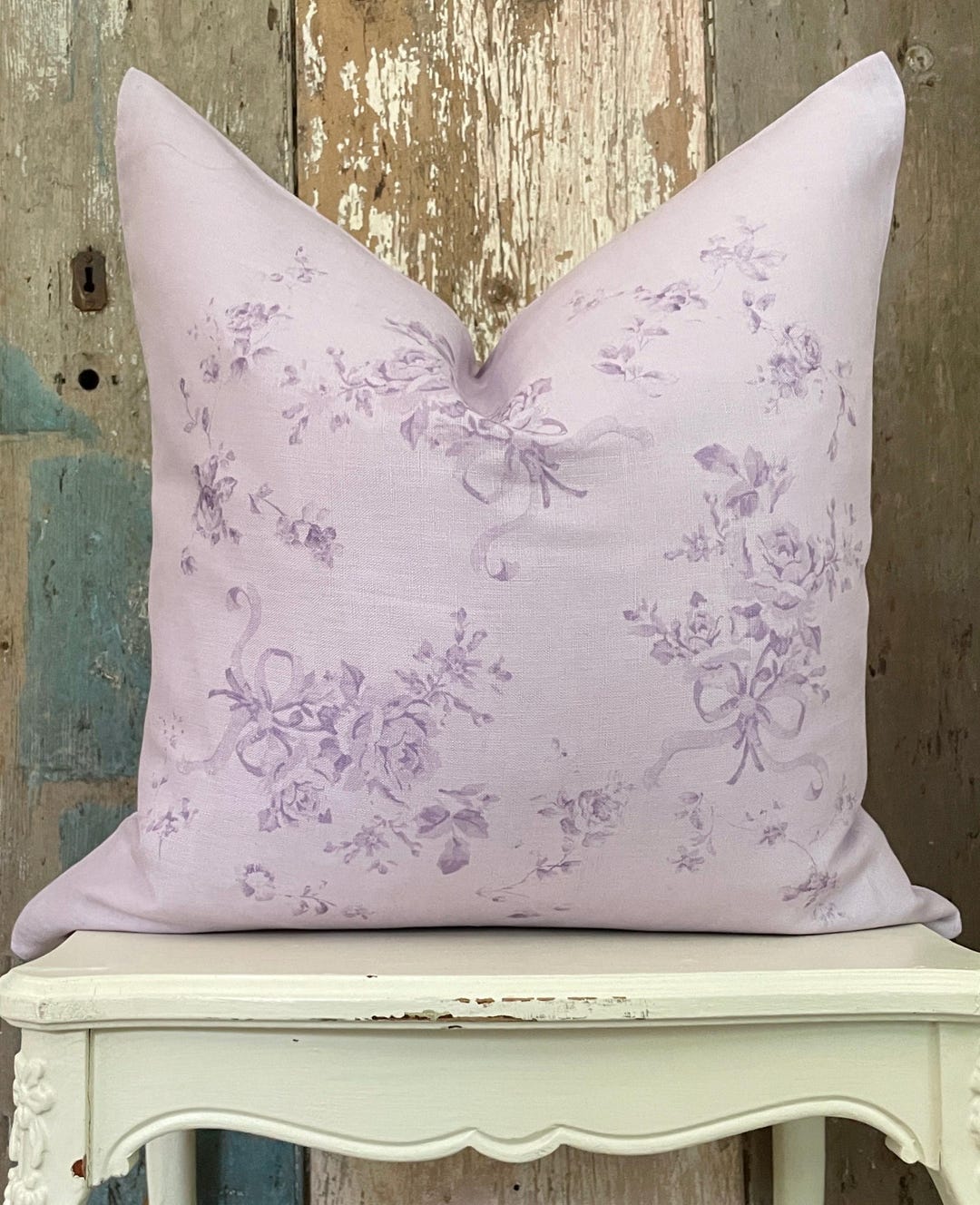 Light Purple Bows & Roses Linen Pillow Cover, Shabby French Country ...