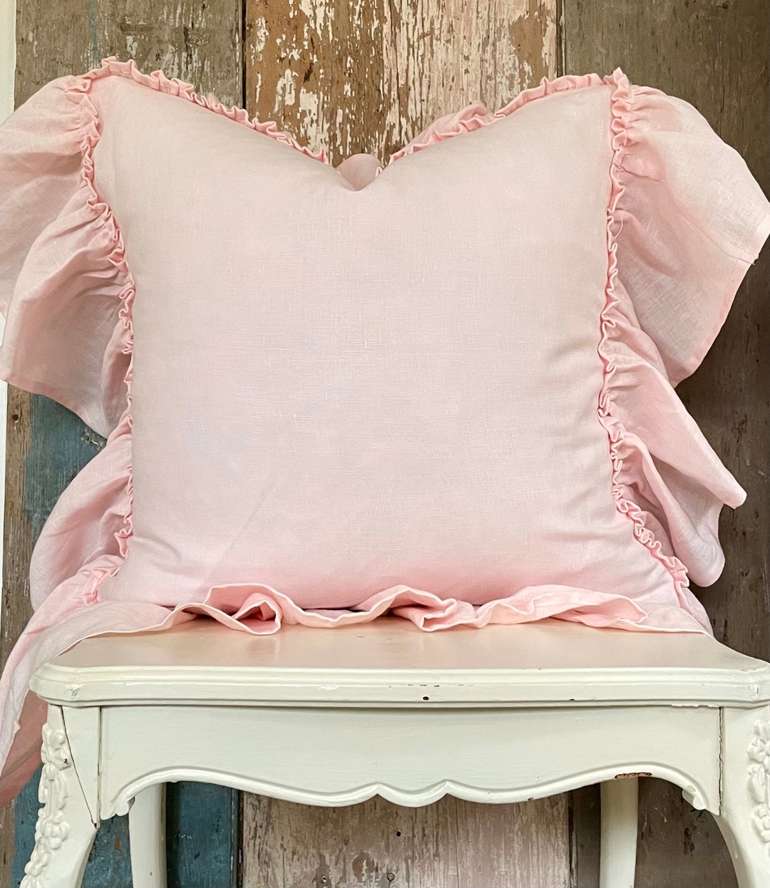 Solid Pink Ruffle Pillow Cover, 22” X 22” French Country Cushion Cover ...