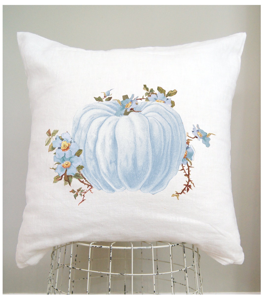 Blue Pumpkin Linen Pillow Cover, Fall Farmhouse Sofa Pillow, Shabby ...