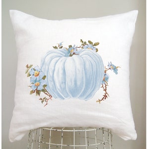 Blue Pumpkin Linen Pillow Cover, Fall Farmhouse Sofa Pillow, Shabby ...