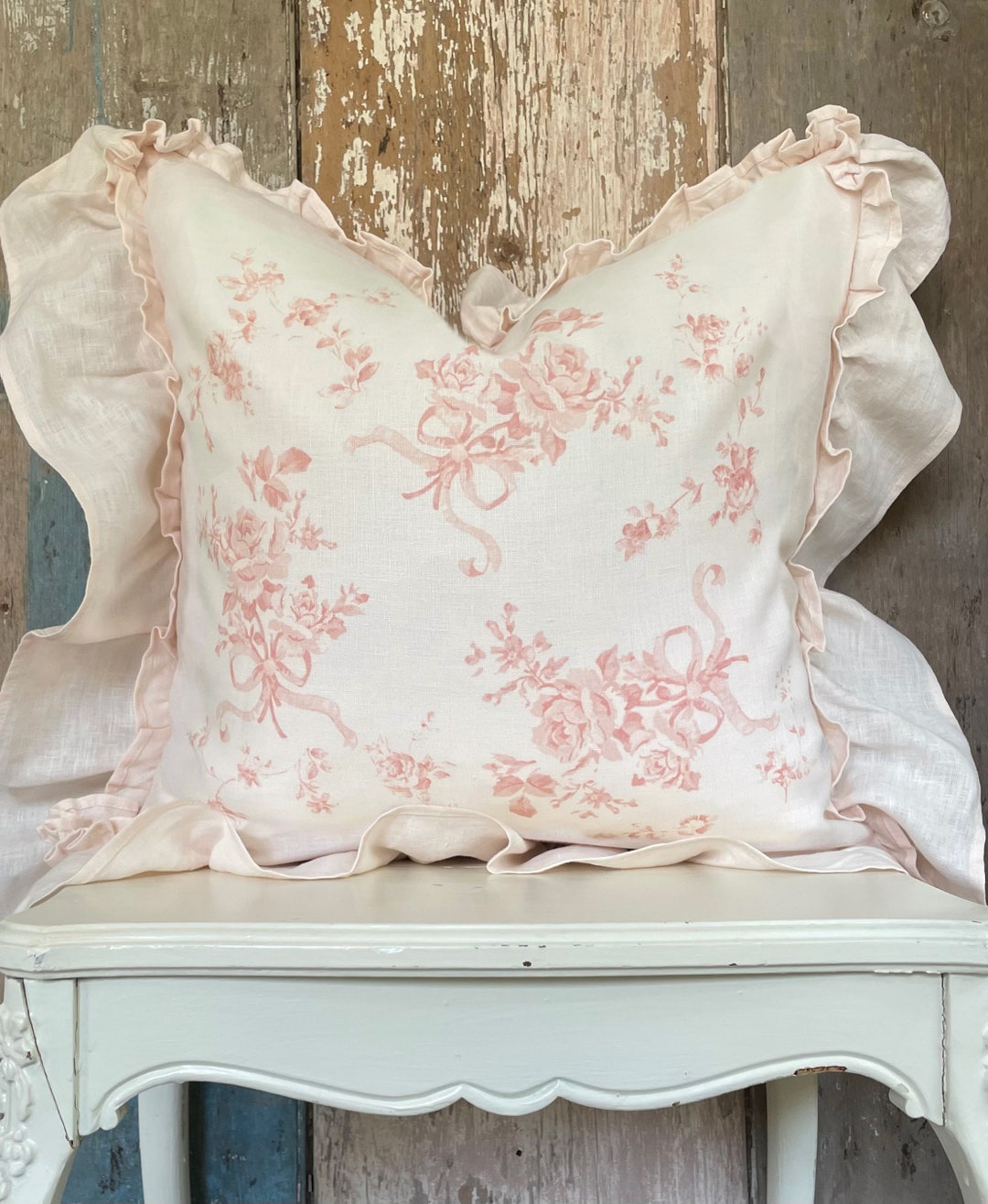 Blush Pink Linen Bows and Roses Pillow Cover, Shabby French Country ...