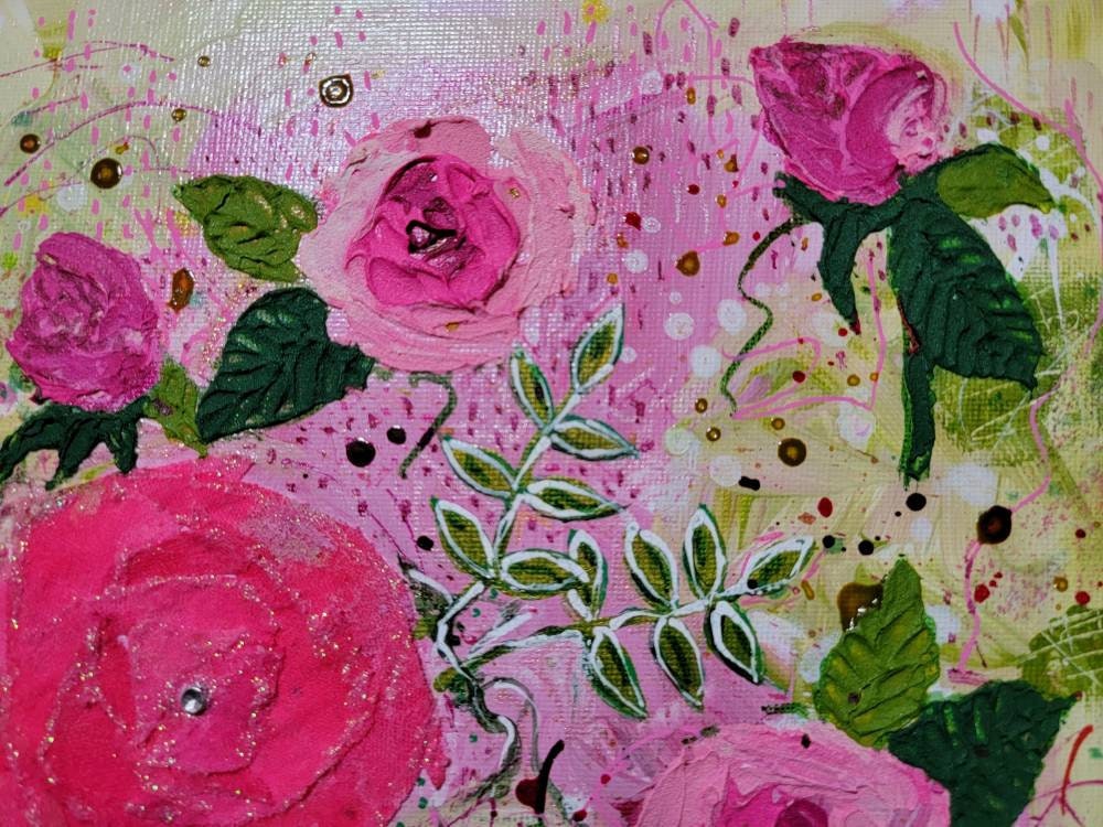 Art Painting Collage, Frosted Rose, Mixed Media Impasto, Decor Gift ...