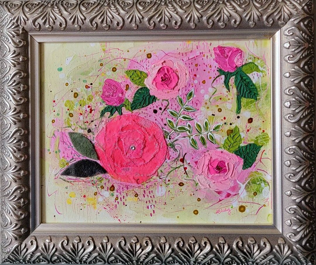 Art Painting Collage, Frosted Rose, Mixed Media Impasto, Decor Gift ...