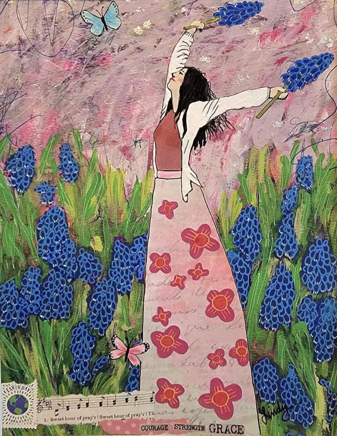 First Light ART PRINT: of Original Collage on Ink Painting, Muscari ...