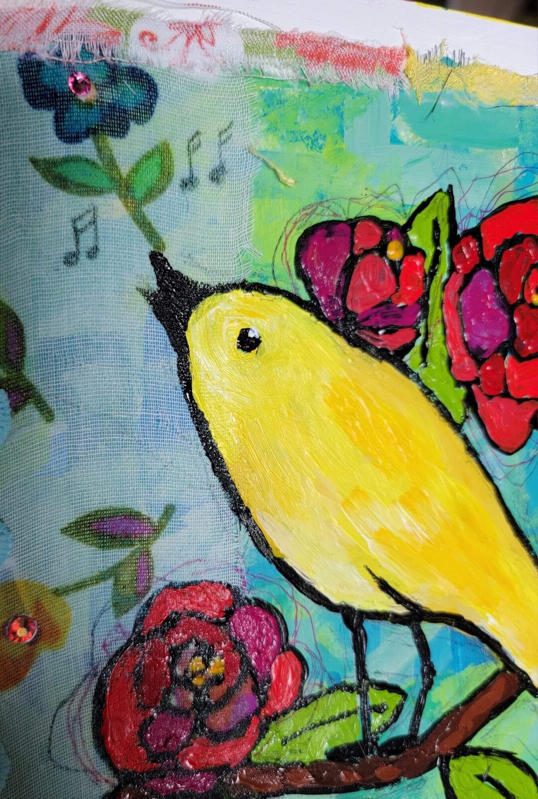 Yellow Bird Mixed Media Collage: Fabric & Lace Painting 9x12 Cradled ...