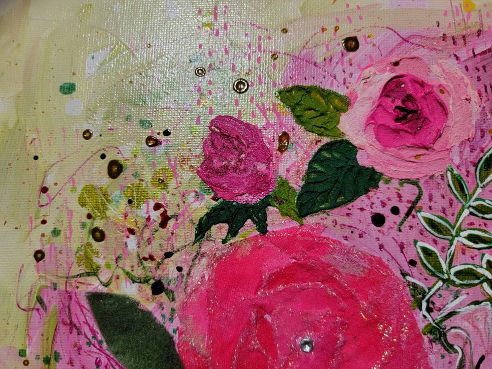 Art Painting Collage, Frosted Rose, Mixed Media Impasto, Decor Gift ...