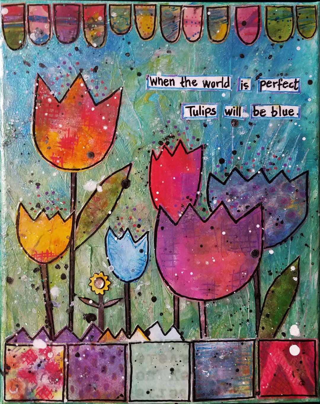 Blue Tulips Abstract, Art Collage Painting, Mixed Media Canvas, Quote ...