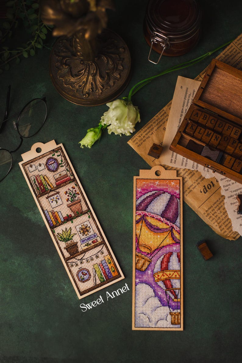 Cross Stitch KIT: Bookmark, Floral, Library, Autumn, Wooden Blank ...