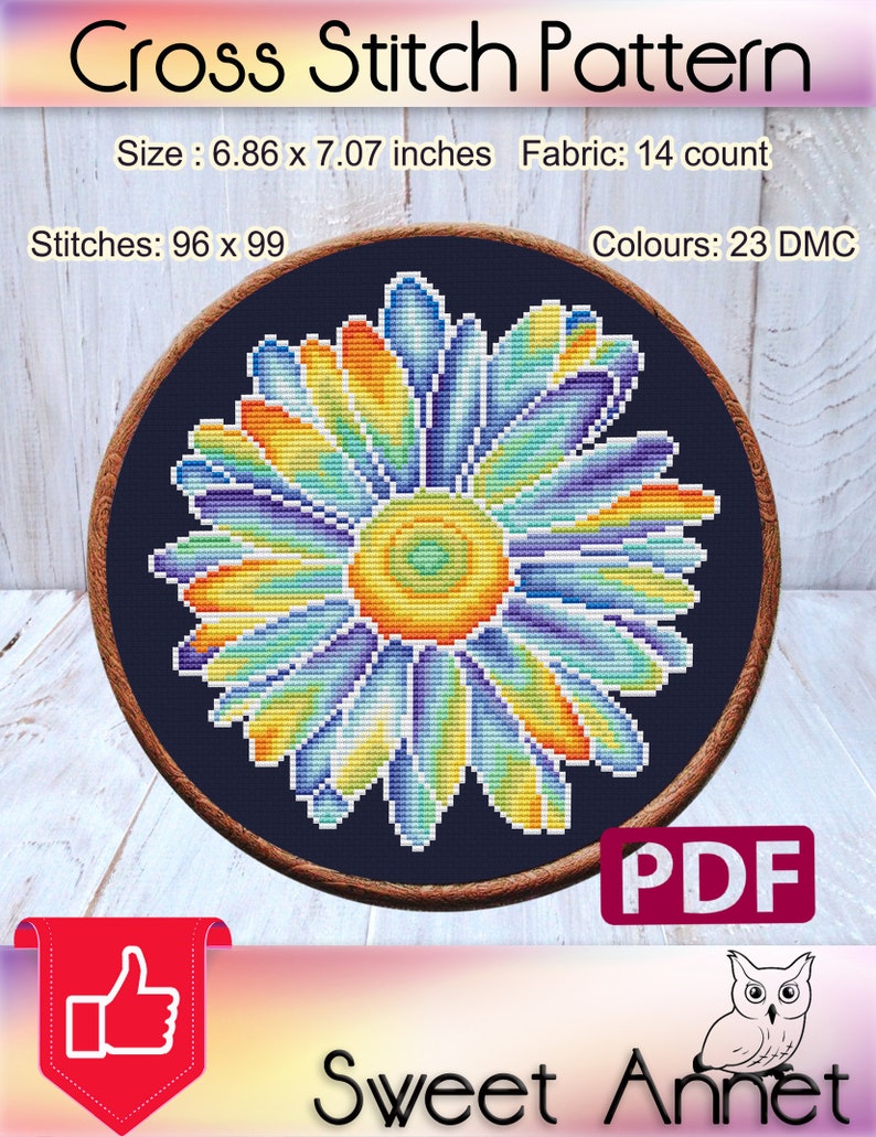 Flowers Cross Stitch, Daisy Cross Stitch, Plant Cross Stitch, Rainbow ...