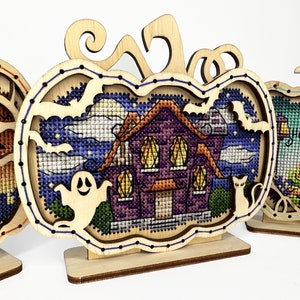 Cross Stitch KIT: Halloween Pumpkins, Fall, Leaves, House, Cat, Ghost ...