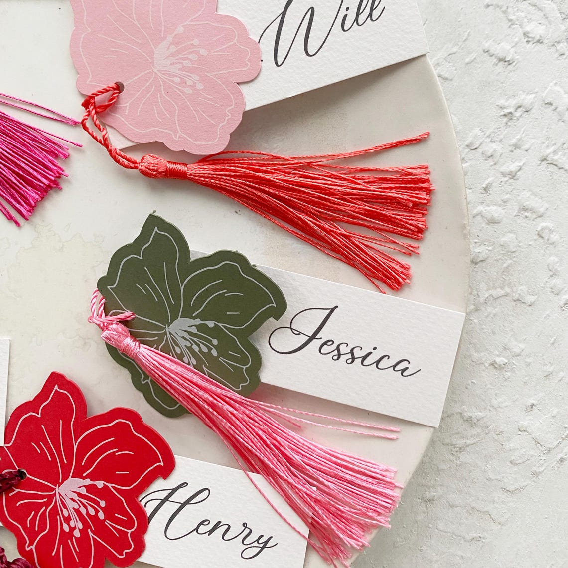 Personalised Floral Wedding Name Cards With Tassel | Flower Place Cards ...