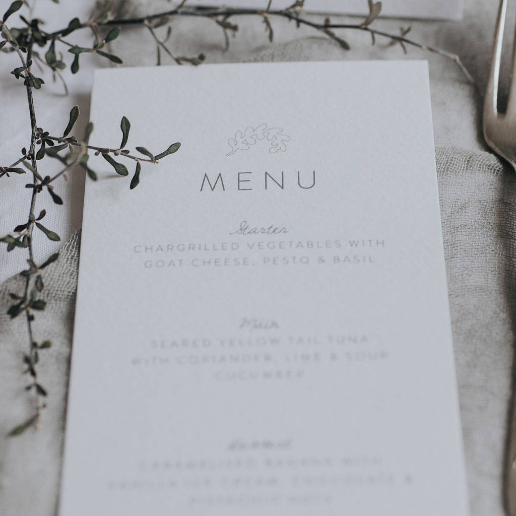 Dinner table menu card with leaf illustration detail. Wedding | Etsy
