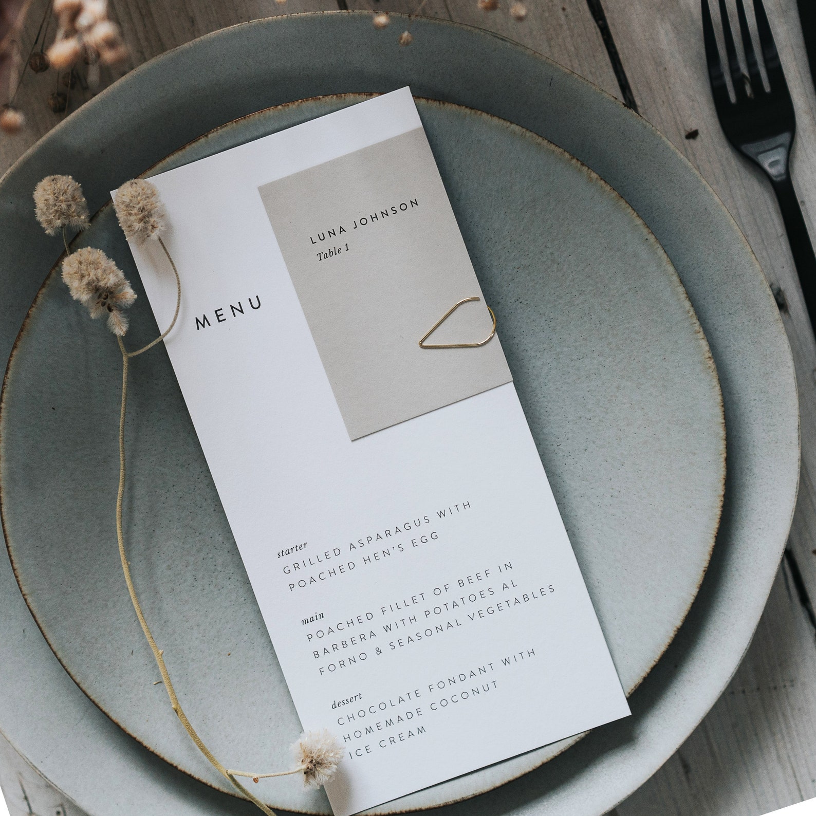 Personalised White Wedding Menus and Grey Name Cards Wedding Day Menus ...