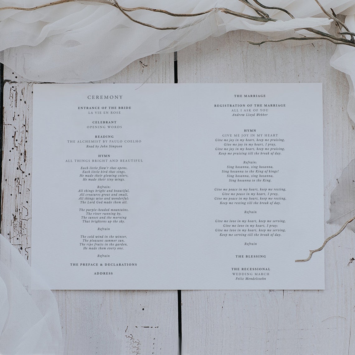 Classic and Elegant Order of Service - Printed Order of Service Wedding ...
