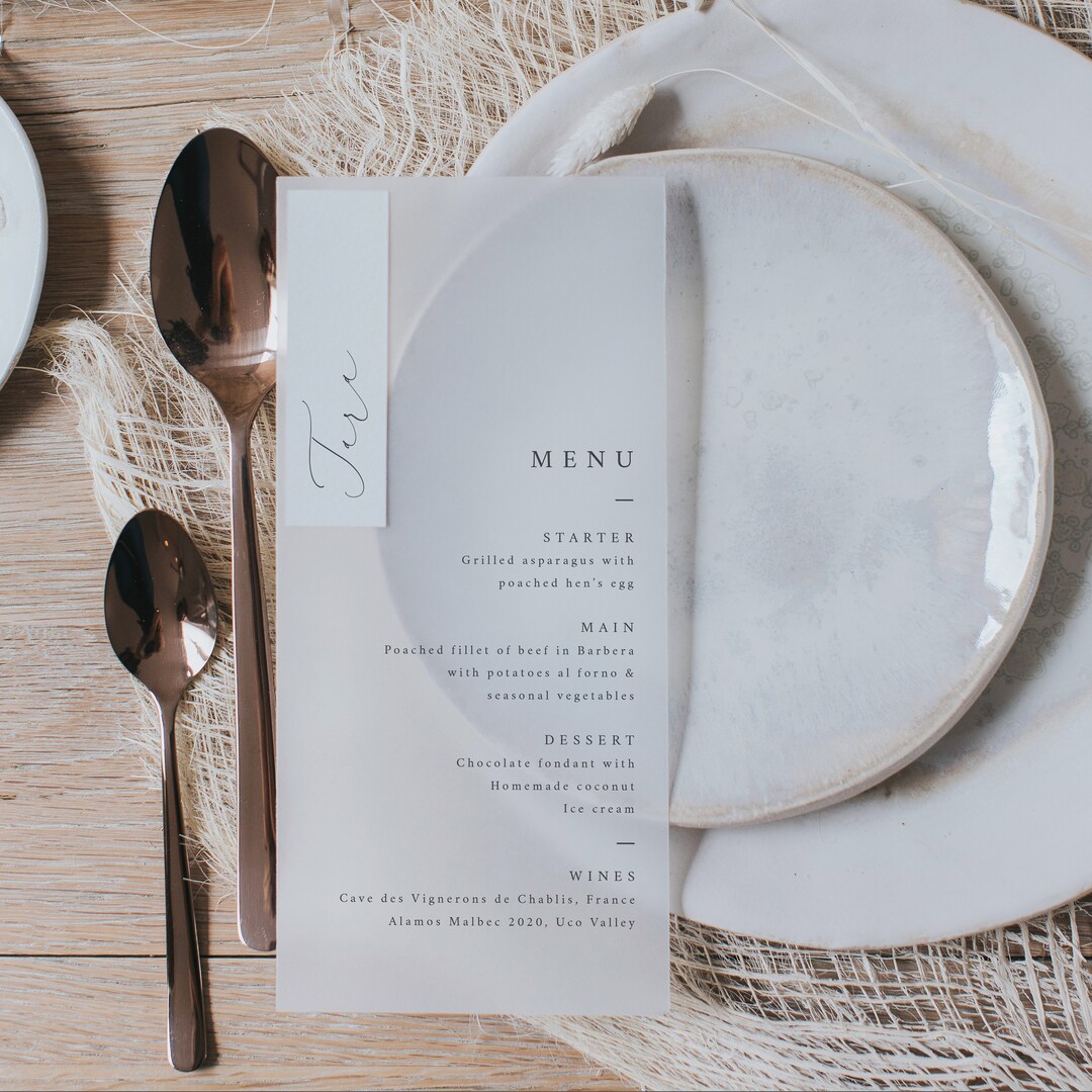 Transparent Menu Design With White Name Tag. Modern and Minimal Wedding ...