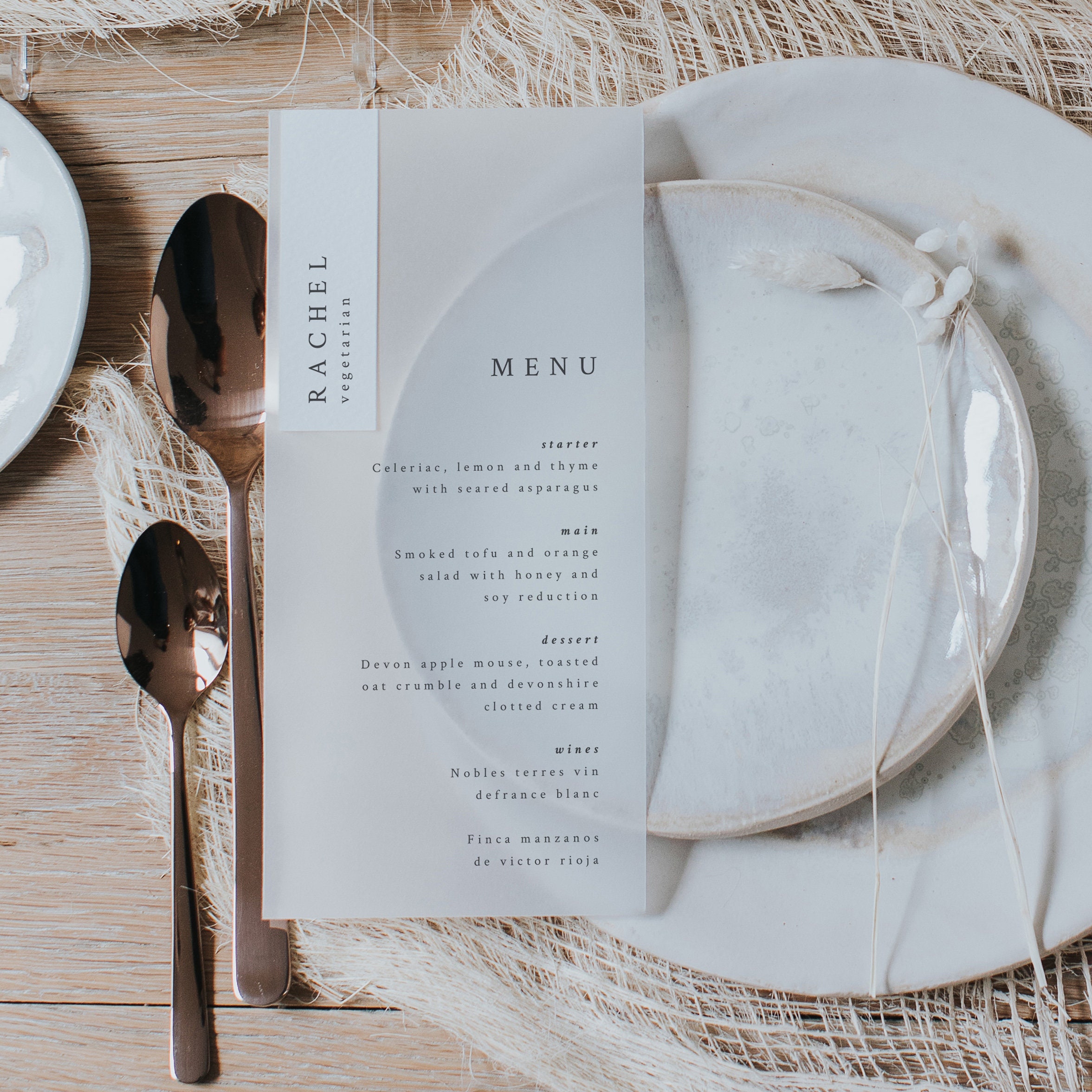 Transparent Menu Design With White Name Tag. Modern and Minimal Wedding ...
