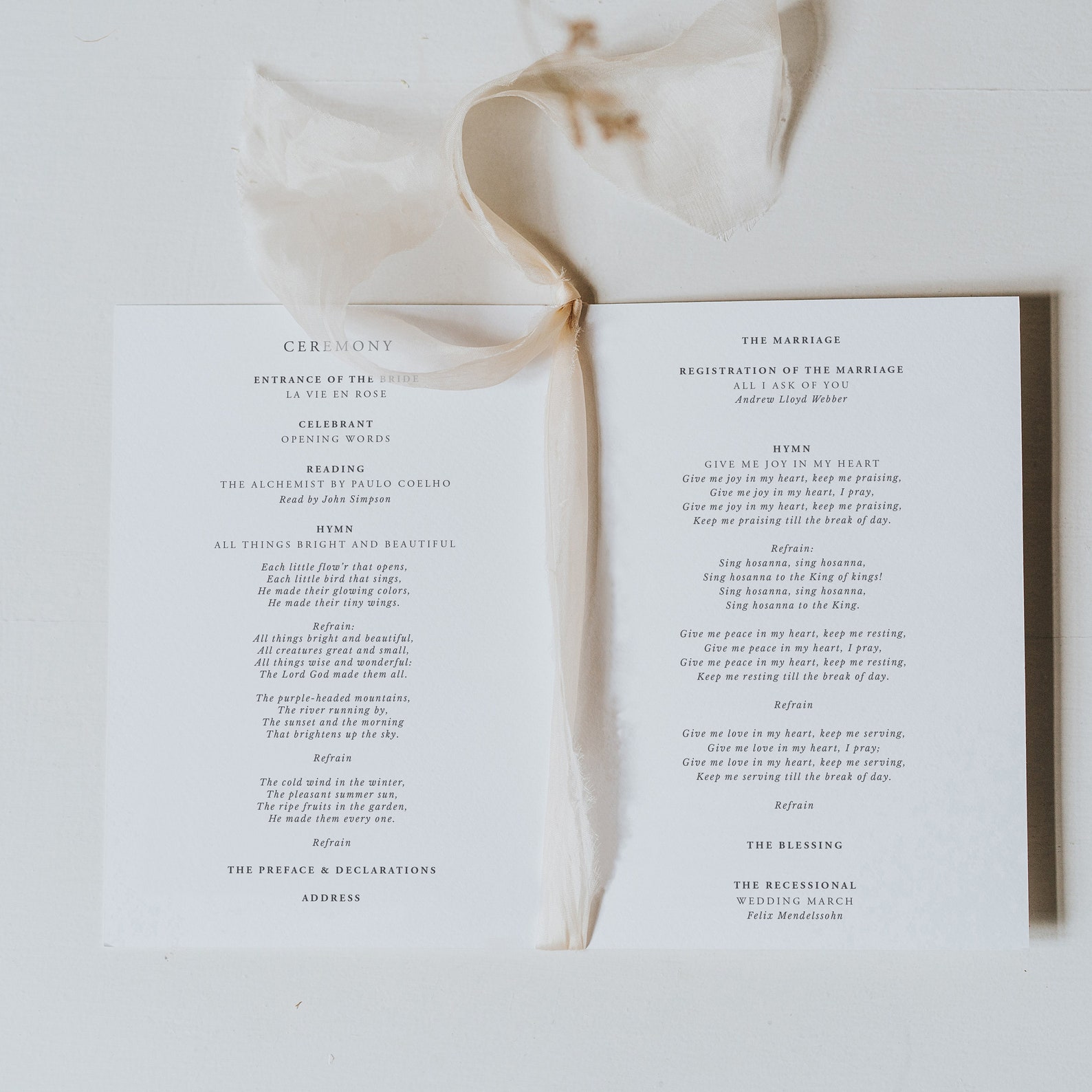 Classic and Elegant Order of Service - Printed Order of Service Wedding ...