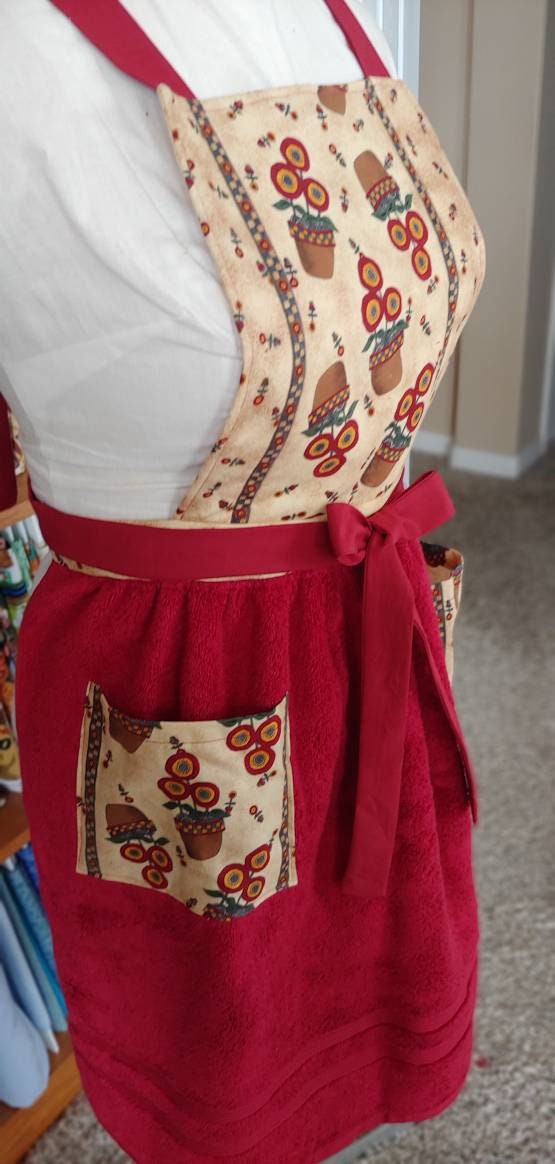 Handmade Debbie Mumm Flower Pot Print Bib Apron With Dark Red ...