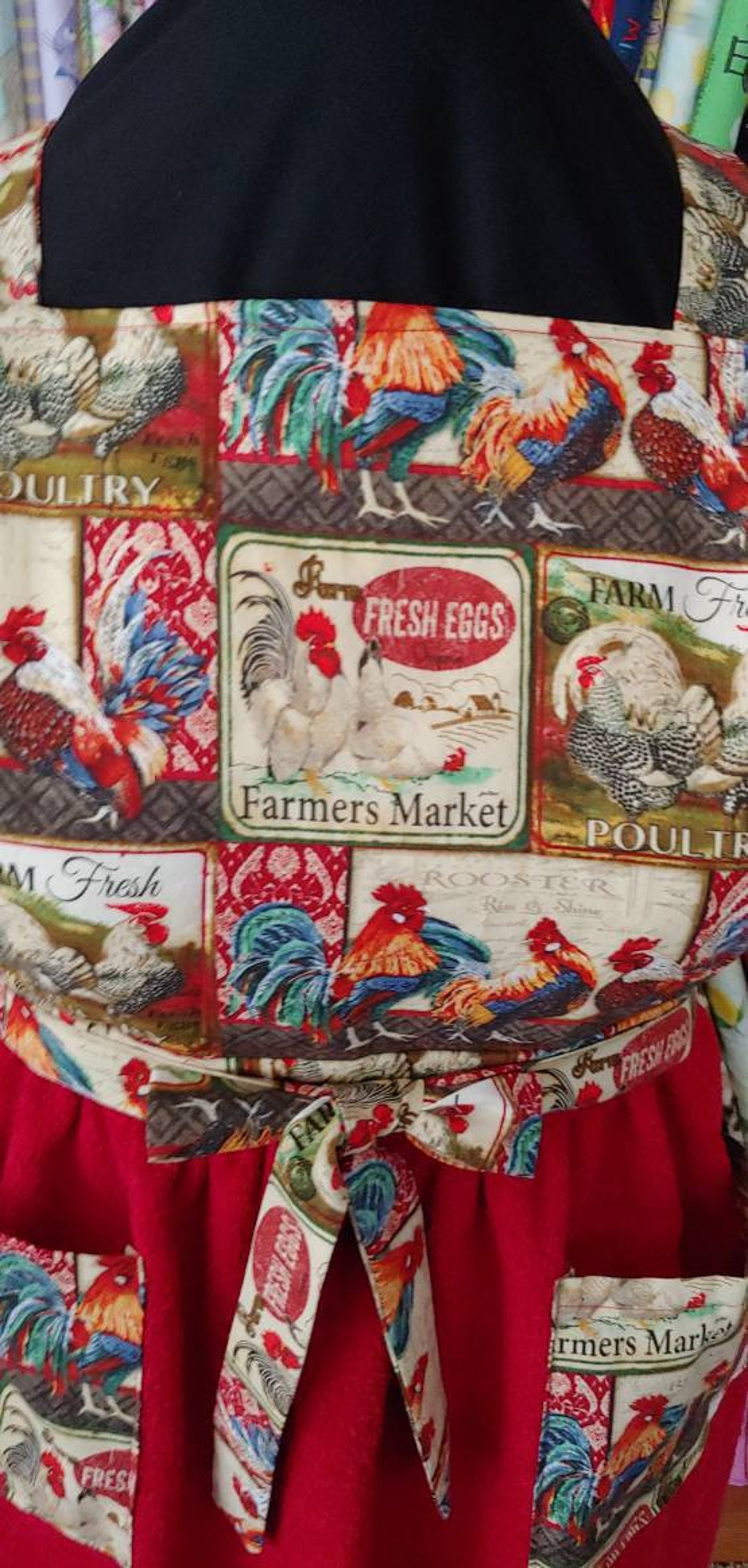 Handmade Chicken Farm Print Bib Apron With a Red - Etsy