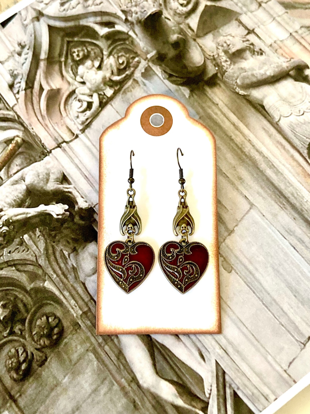 Hanging Bats Heart With Victorian Scrollwork Heart Earrings Antiqued ...