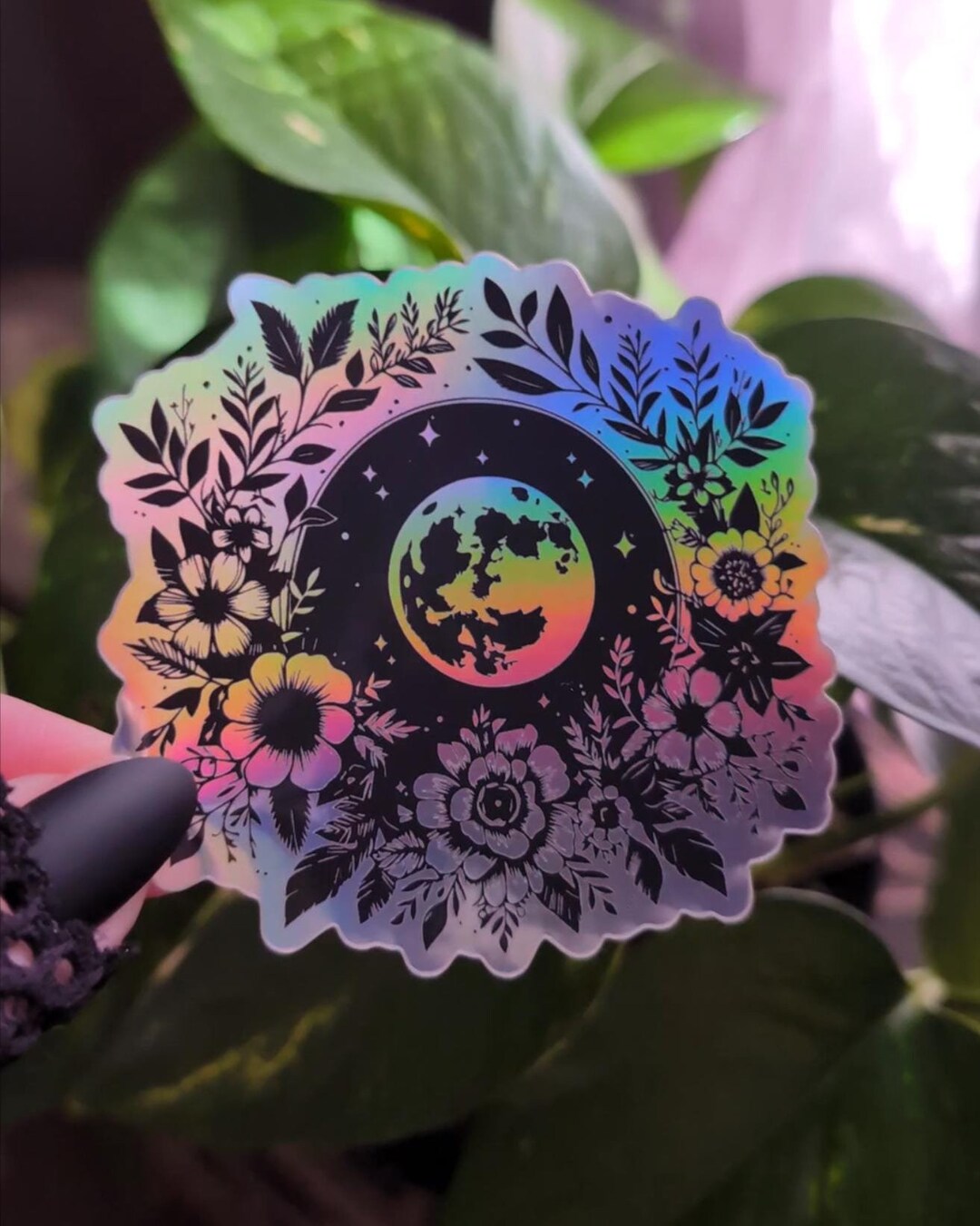 Holographic Floral Full Moon Sticker Moon Lover Gift Witch Gift Vinyl ...