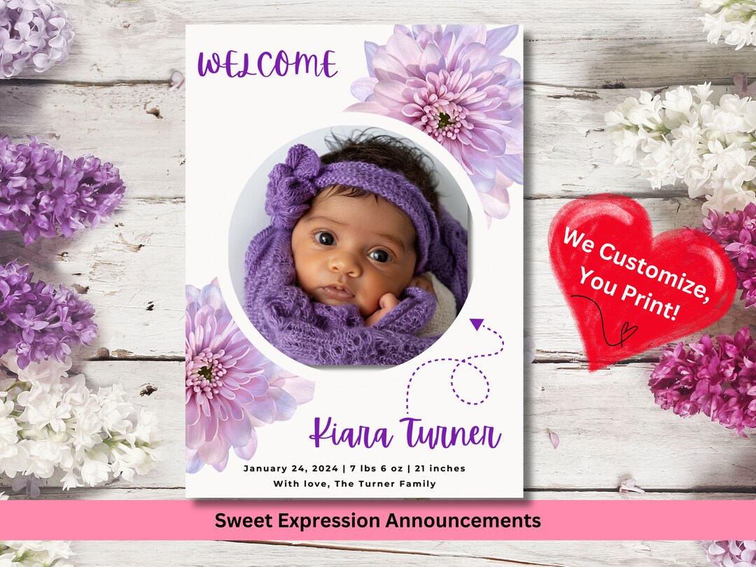 Purple Girl Modern Photo Birth Announcement Card, Birth Stats Card ...