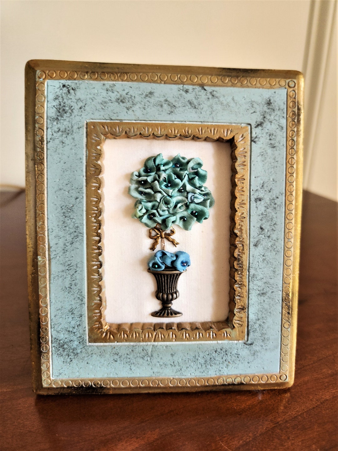 Silk Ribbon Embroidery Topiary Tree, Framed in Aqua Blue & Gold Frame 2 ...