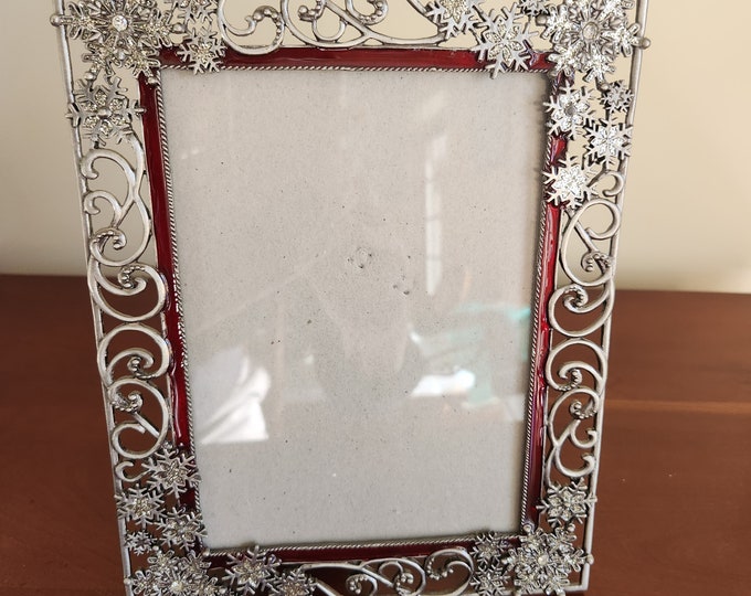 Red Enamel & Jeweled Christmas 5x7 Photo Frame, Pewter Tabletop, Easel ...