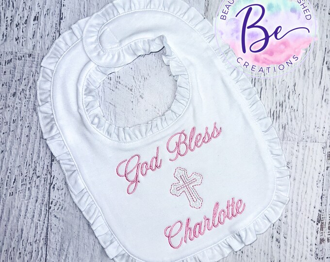 PINK Patterned Cross Personalized Baptism Bib Girl's Ruffle PINK and ...