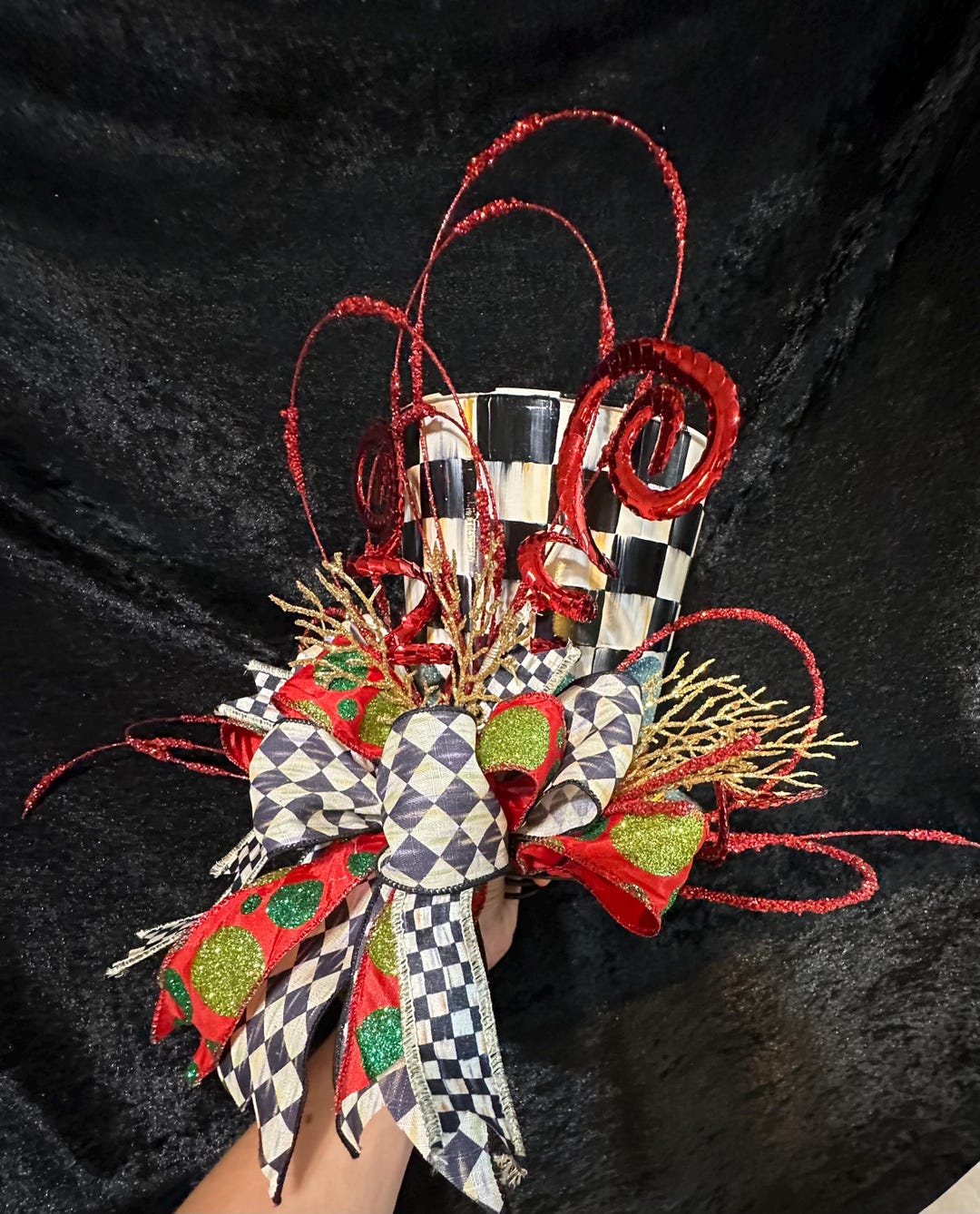 Whimsical Snowman Top Hat Tree Topper Hand Painted Black & White Checks ...