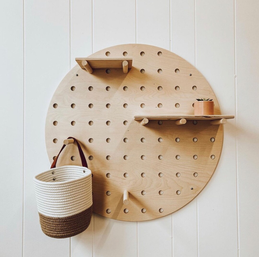 Round Wooden Pegboard Wall Display | Modern Birch Plywood Hanging Shelf ...