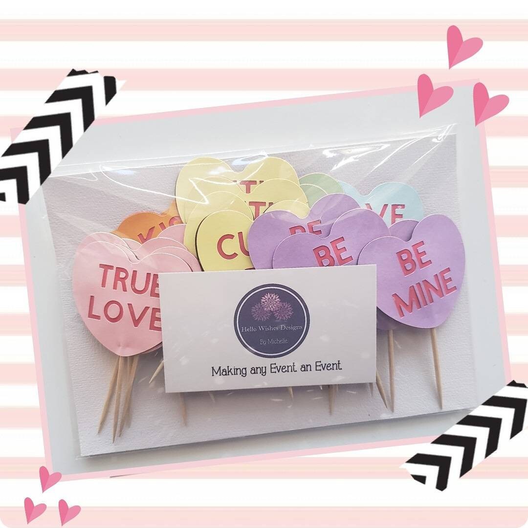 12 Conversation Hearts, Cupcake Toppers, Heart Toppers, Valentine's Day ...