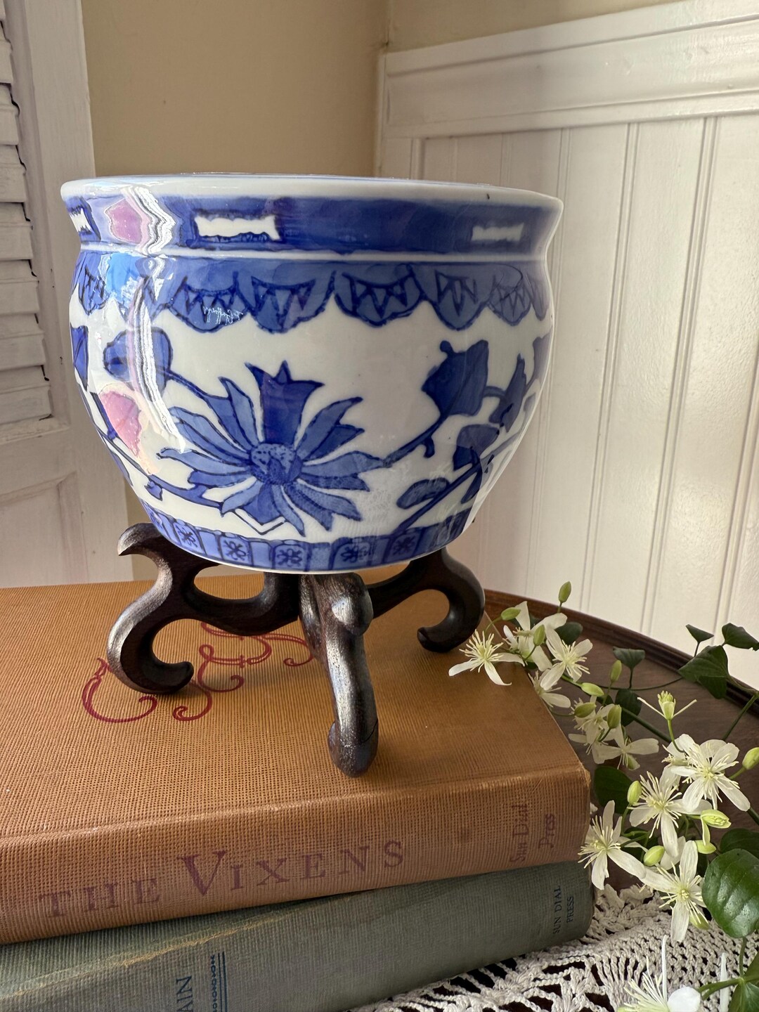 Blue and White Ceramic Planter With Wooden Stand | Floral Motif Pot - Etsy