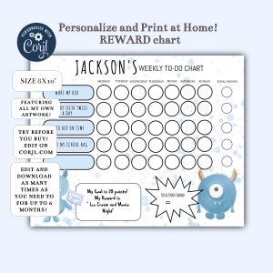 EDITABLE and Personalized Reward Chart, Monster Themed Reward Chart ...