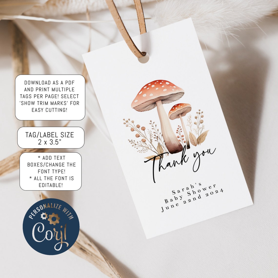 EDITABLE Mushroom Thank You Favor Tags, Labels for Mushroom Baby Shower ...