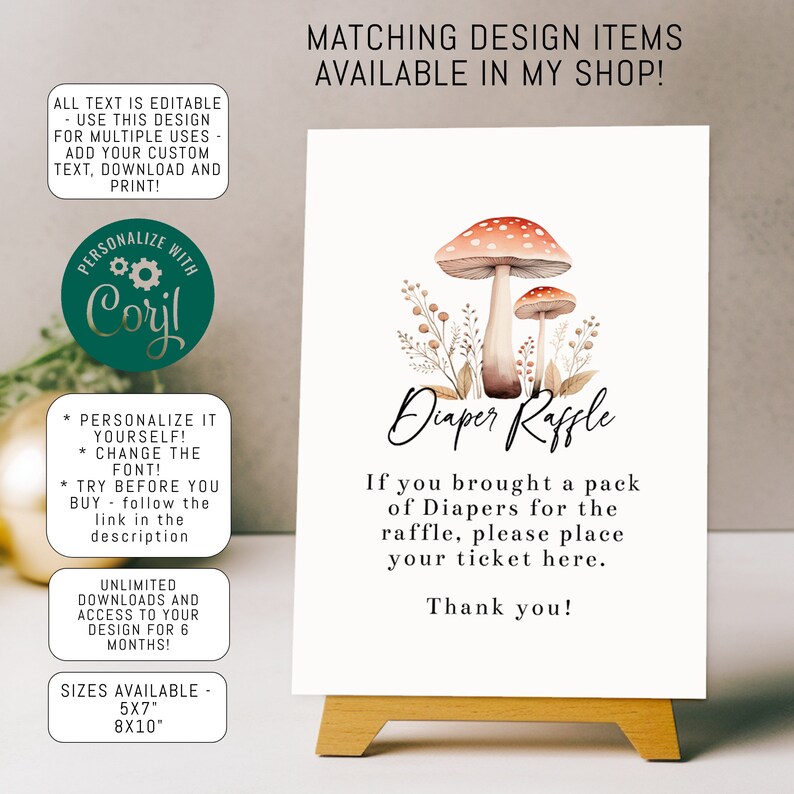 Editable Mushroom Diaper Raffle Table Sign, Little Fungi Baby Shower ...