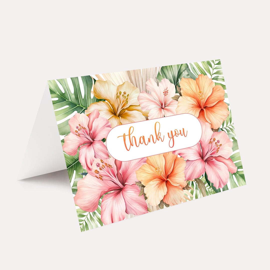Tropical Floral Thank You Card – Hibiscus Folded Card With Kraft ...