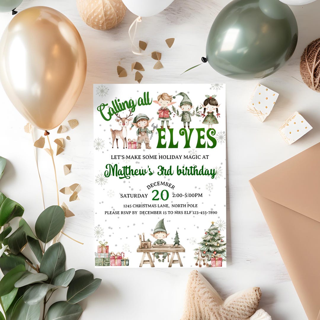 EDITABLE Christmas Birthday Invite, Calling All Elves Party Invite, Elf ...