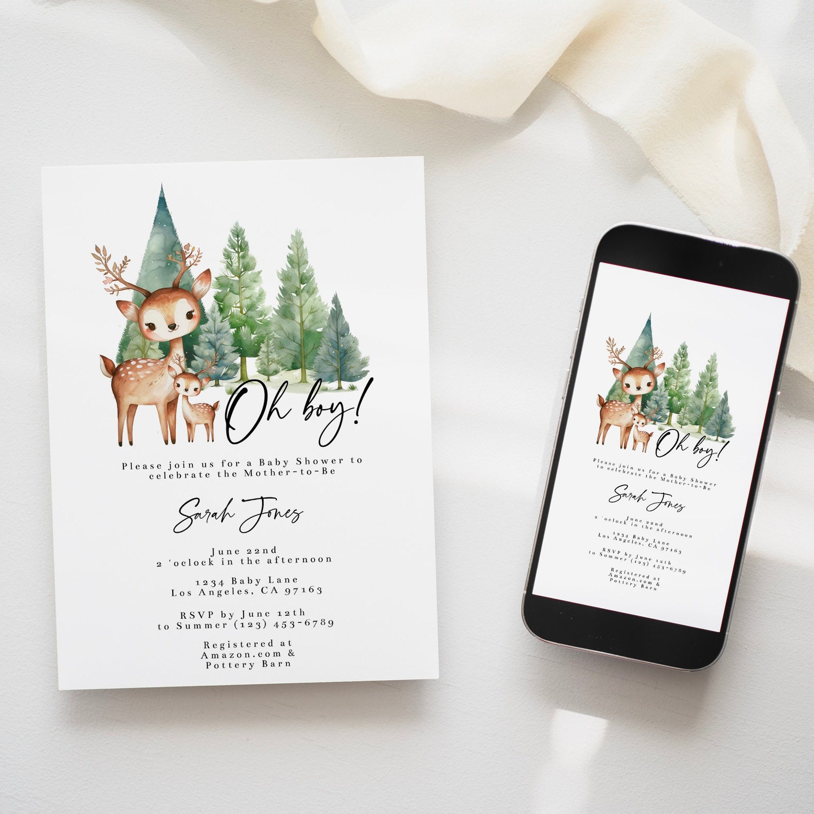 Woodland Deer Baby Shower Invitation Bundle, Fawn Woodland Gender ...