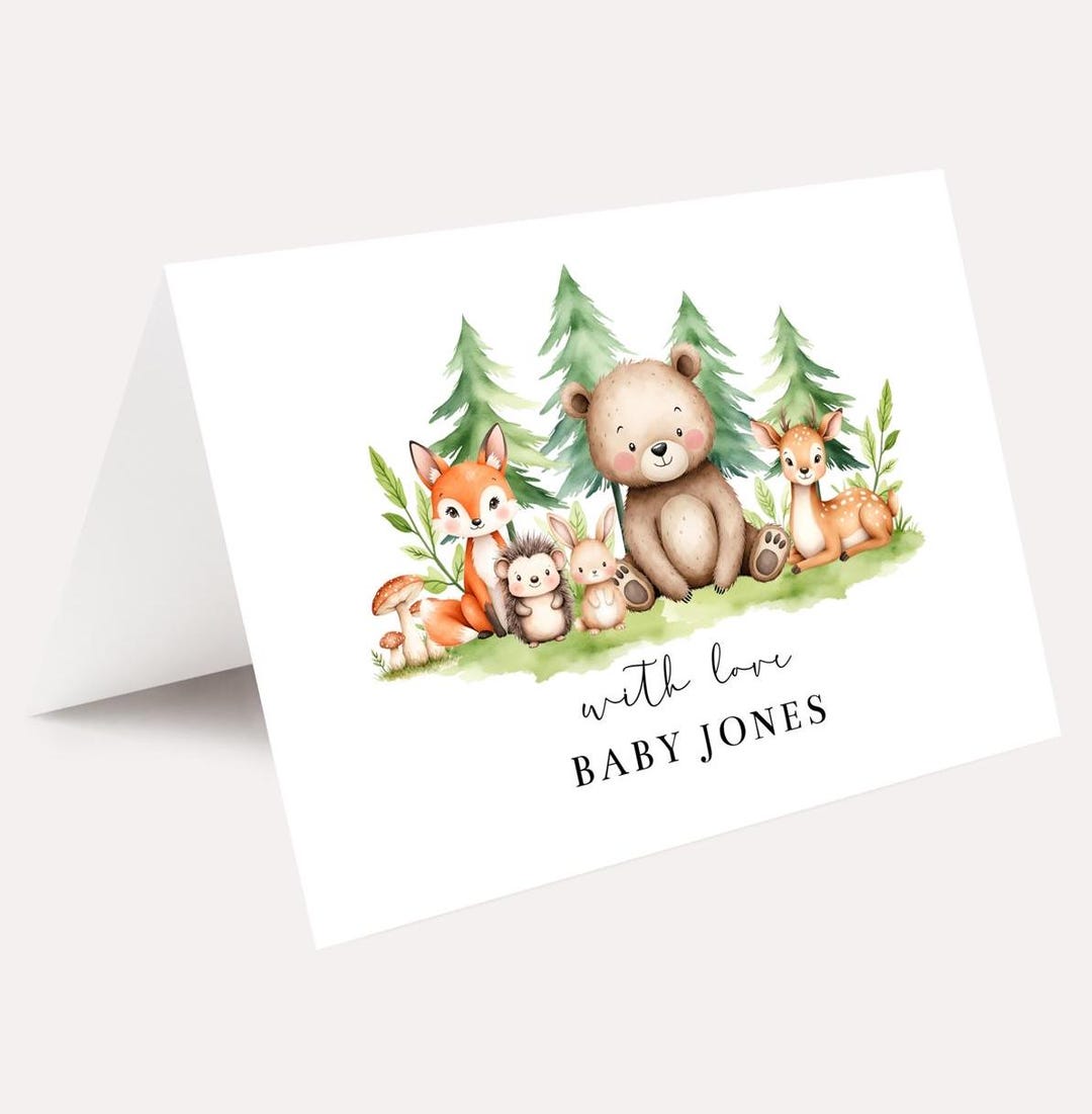 PRINTED Set of 10 Woodland Baby Shower Thank You Cards, Forest Scene ...