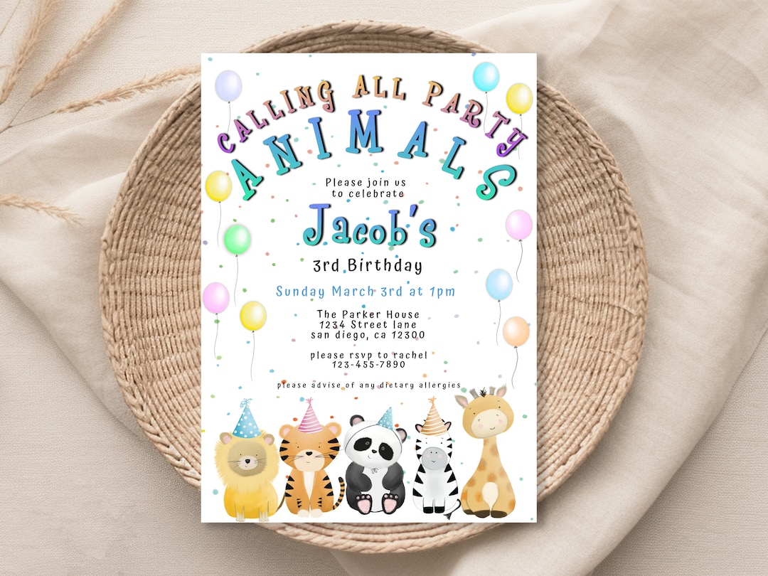 Calling All Party Animals Birthday Invite, Editable Animal Birthday ...