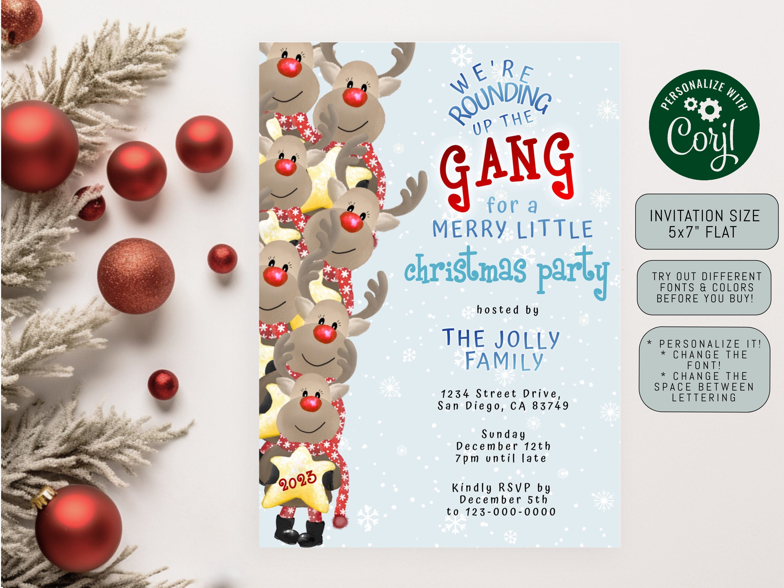 Editable Cute Reindeer Christmas Party Invitation, Rounding up the Gang ...