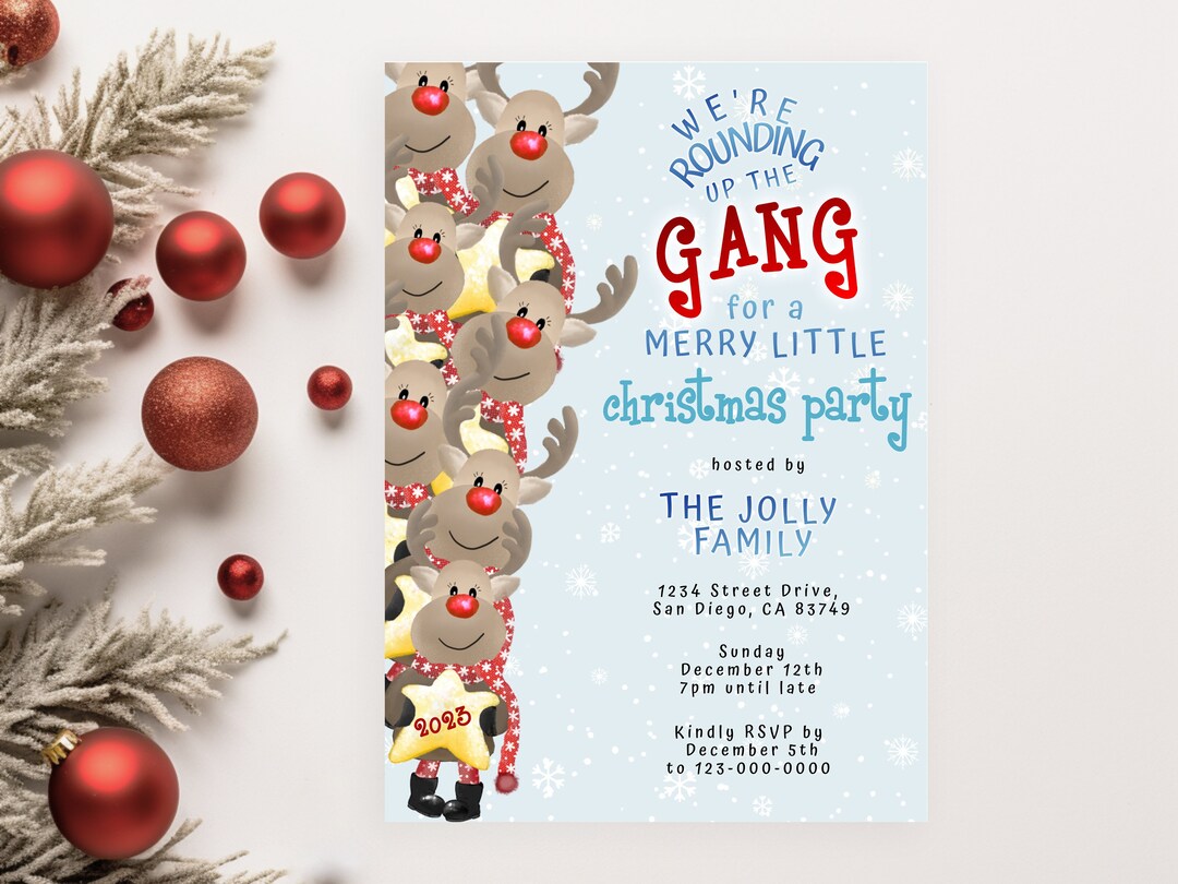 Editable Cute Reindeer Christmas Party Invitation, Rounding up the Gang ...