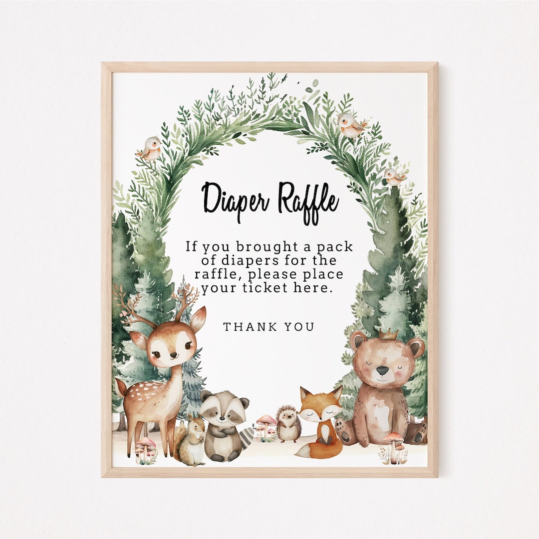 Editable Diaper Raffle Table Sign, Forest Baby Shower Shower Sign ...