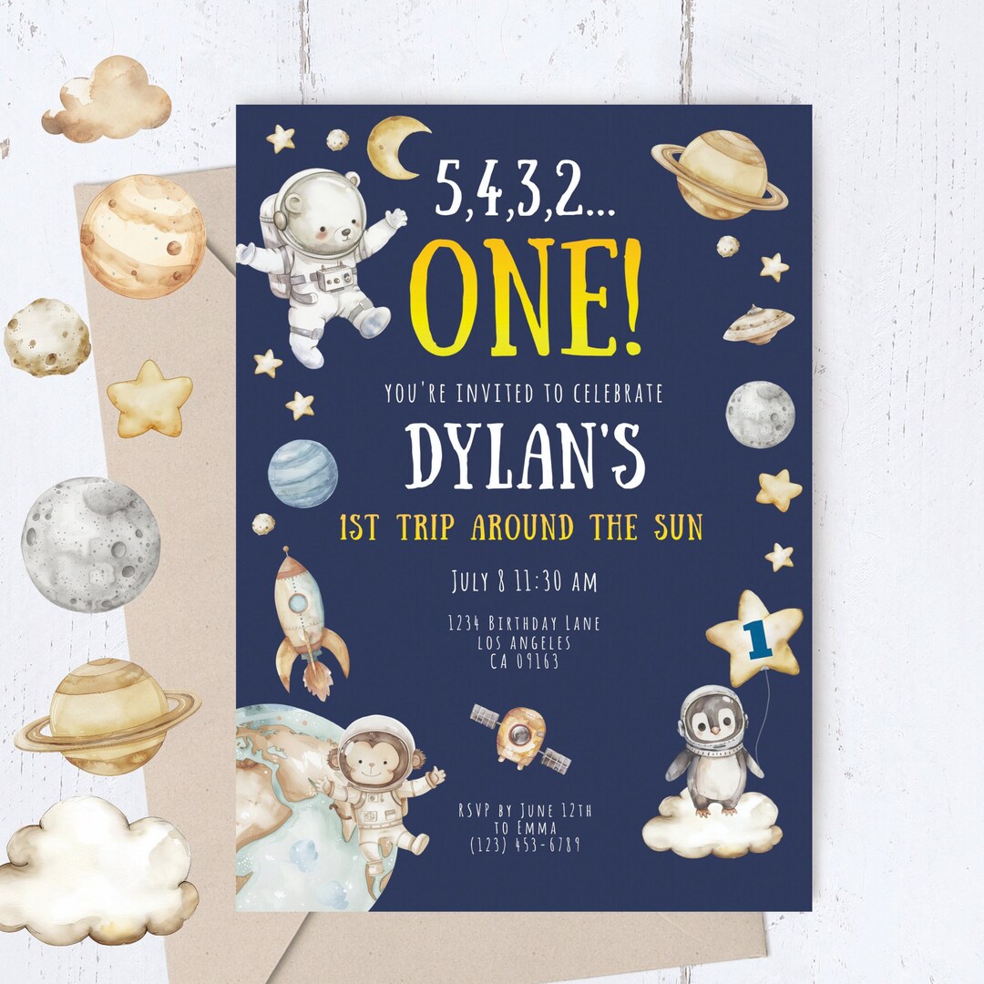 Editable 5,4,3,2, One Blast off 1st Trip Around the Sun Birthday Invite ...