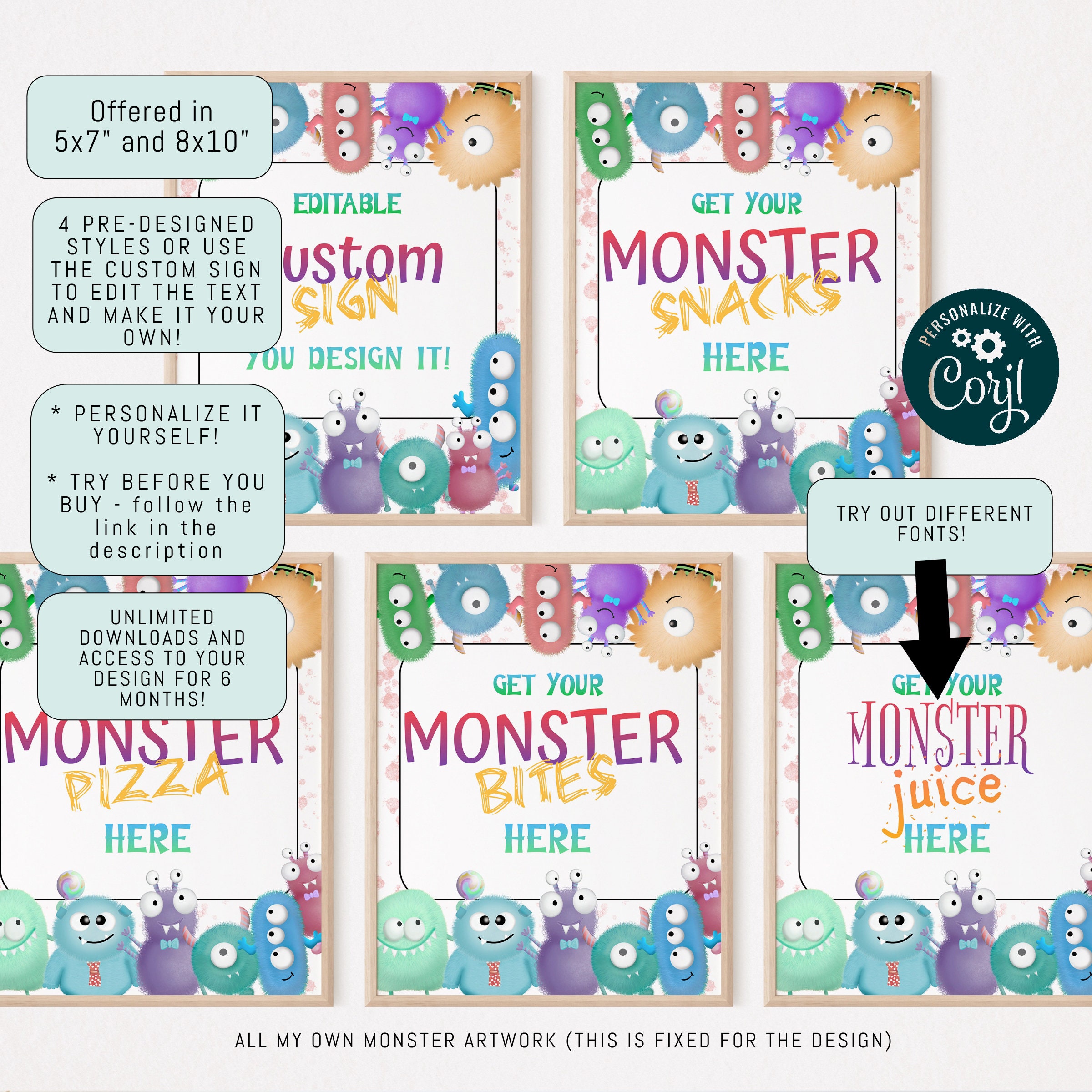 Monster Birthday Food Signs, Custom Sign Monster Poster Edit on CORJL ...