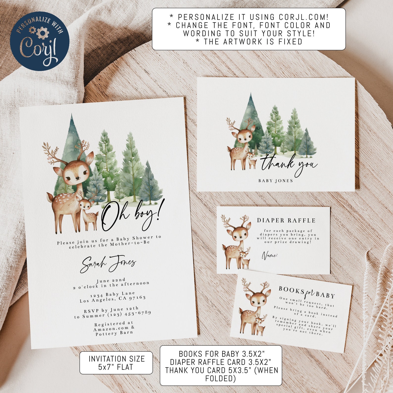 Woodland Deer Baby Shower Invitation Bundle, Fawn Woodland Gender ...